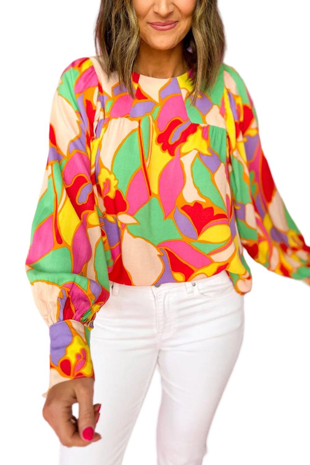 Yellow Abstract Print Puff Sleeve Blouse
